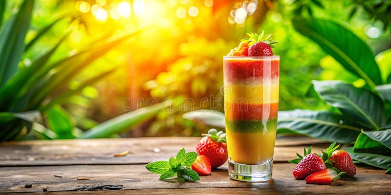 Layered Tropical Fruit Smoothie in a Glass on Wooden Surface ...