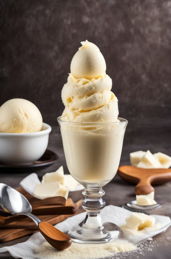 Layered Vanilla Ice Cream in Glass Sundae Dish with Chocolate Stock ...