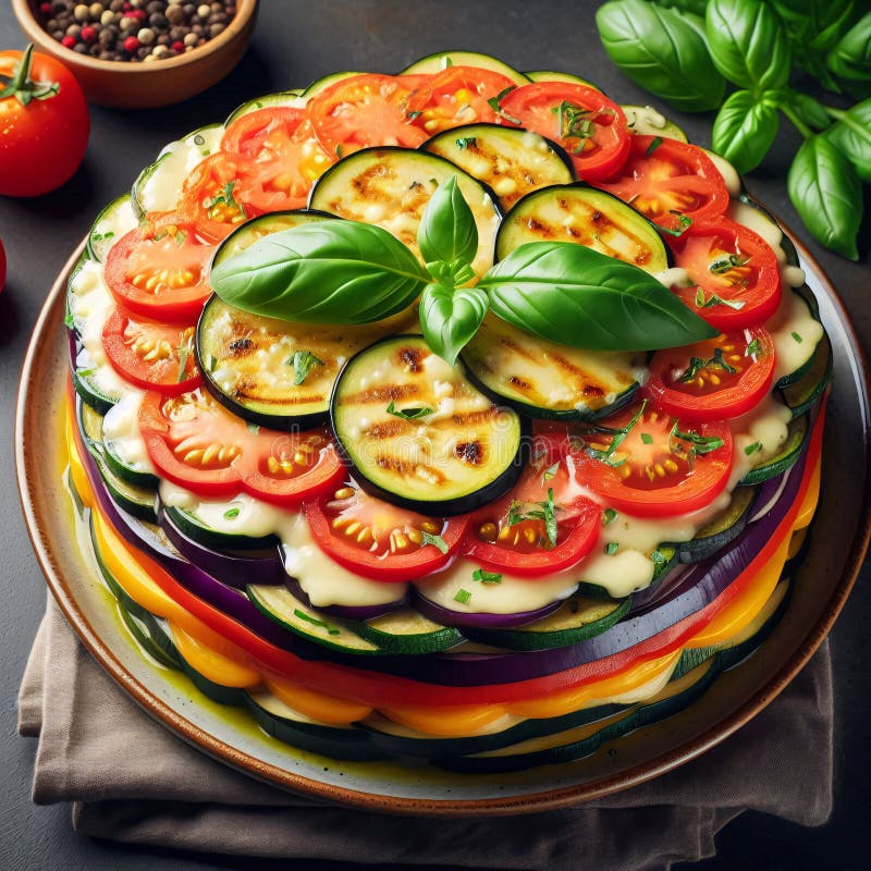 Layered Vegetables, Cheese, and Herbs Form a Colorful and Appetizing ...
