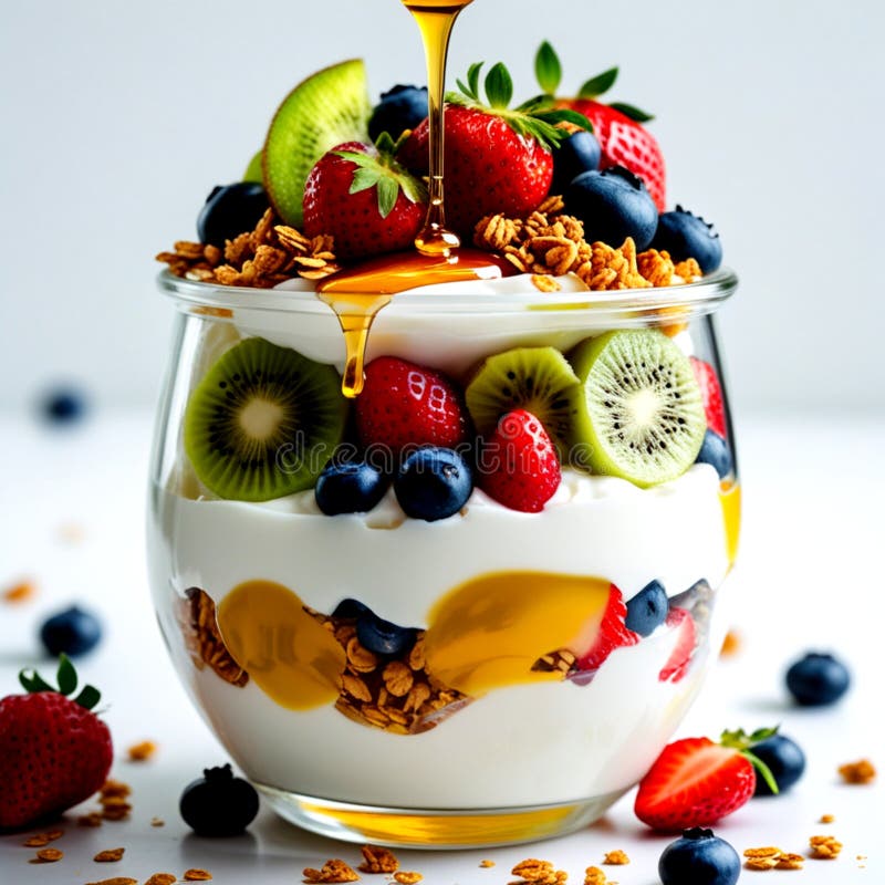 Layered Yogurt Parfait with Honey Drizzle Stock Photo - Image of ...