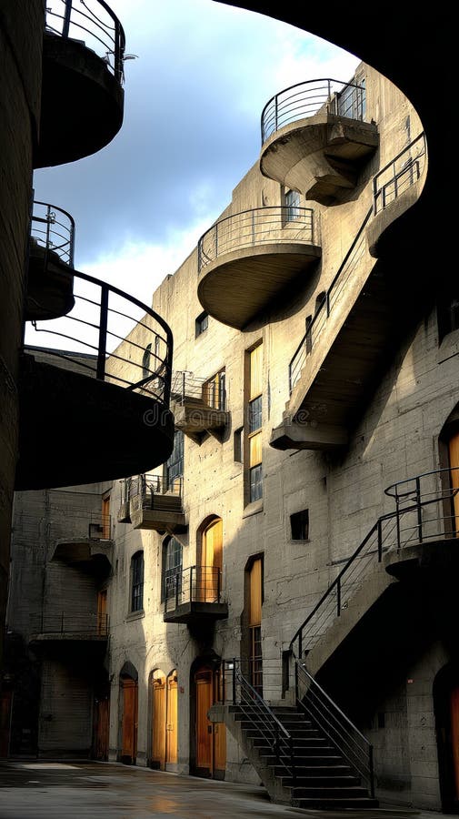 Futuristic Alleyway with Layered Metal Structures Stock Illustration ...