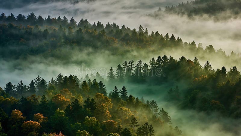 Layers of Fog Create an Eerie Effect in Gold and Green. Closeup. a I ...