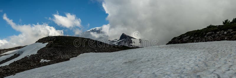Layers of Snow and Clouds White Out the View of Mount Rainier Stock ...