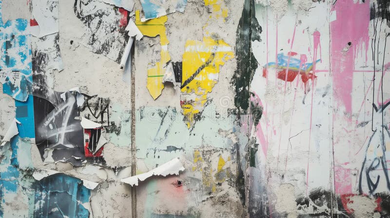 Layers of Torn Posters, Graffiti, and Paint on a Textured Wall Create ...