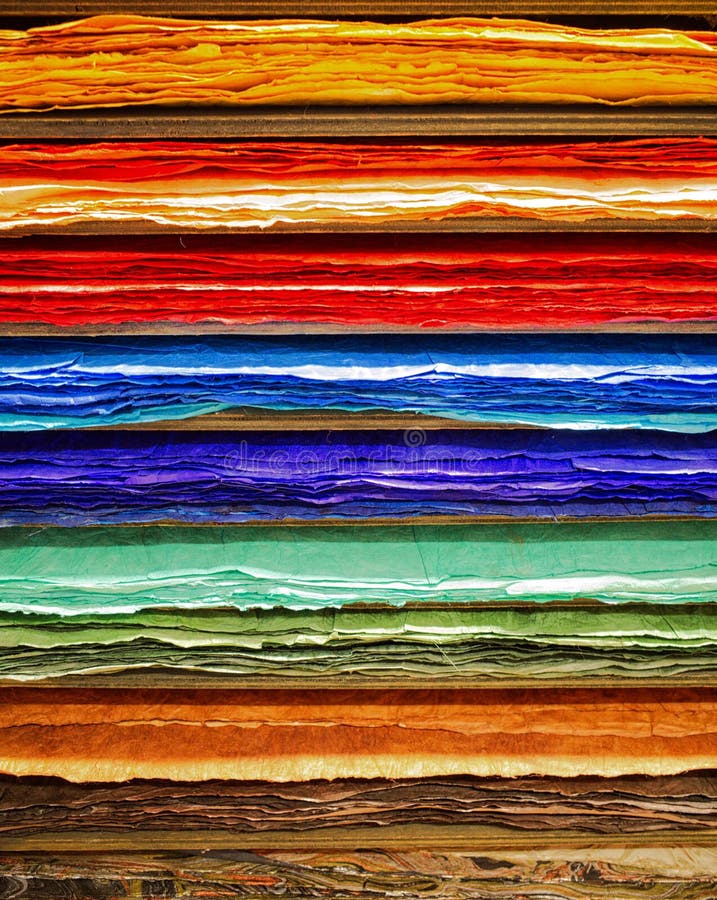 Layers of Bright Textured Paper on Shelves. Abstract Background. Stock ...