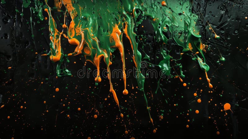 Layers of Vivid Green and Orange Paint Drip and Merge Together Against ...