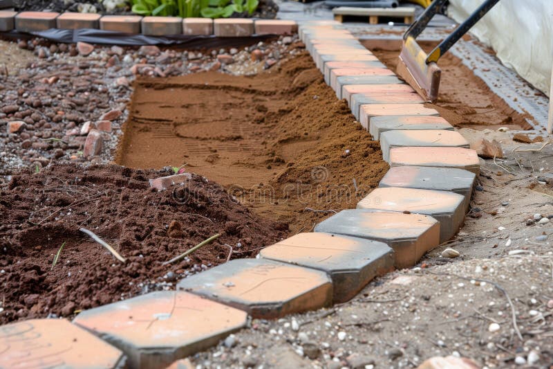 Laying a Border of Bricks Around Garden Paving Installation Stock Photo ...