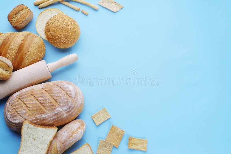 Laying Bread on a Blue Background Stock Image - Image of flour, diet ...