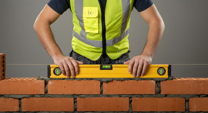Laying Bricks with Leveling Tool Construction Worker Building Brick ...