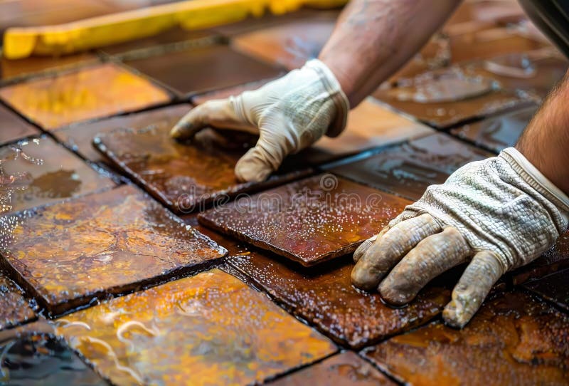 Laying the Foundation: Worker Carefully Placing Tiles for New Floor ... Laying the Foundation: Worker Carefully Placing Tiles for New Floor ...