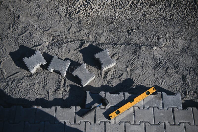 Laying Paving Stones. Paving Tools for Use Stock Image - Image of ...