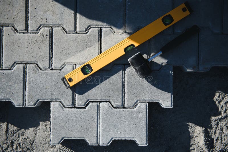 Laying Paving Stones. Paving Tools for Use Stock Image - Image of ...