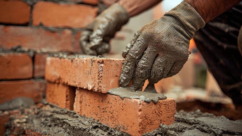 Laying Red Clay Bricks with Fresh Cement Mortar, Hands in Focus ...