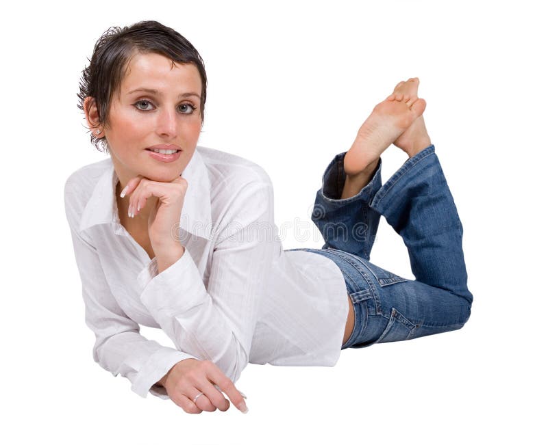 Laying woman stock image. Image of makeup, portrait, jeans - 4258479