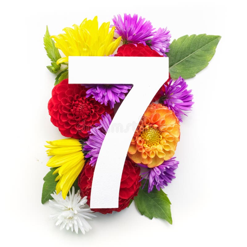 Layout with Colorful Flowers, Leaves and Number Seven. Flat Lay. Top ...