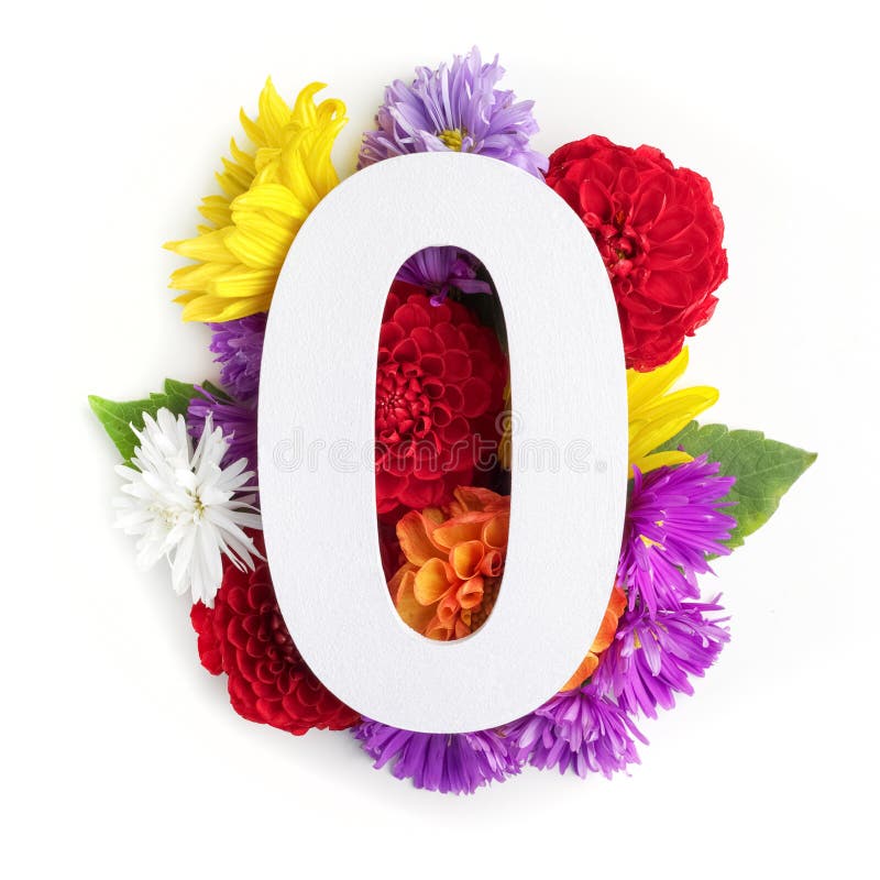 Layout with Colorful Flowers, Leaves and Number Zero. Flat Lay. Top ...