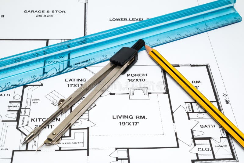 Blue Print Floor Plans With Drawing Compass Stock Image - Image of ...