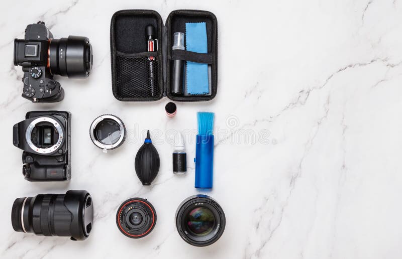 Layout of Desk Pf Photographer Cleaning Kit Workstation Stock Image ...