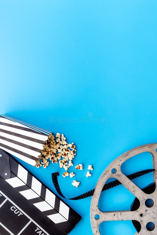Layout of Film Reel with Popcorn and Clapperboard. Cinema Concept Stock ...