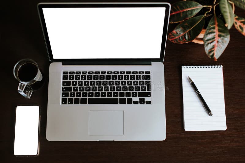 Layout of Laptop and Phone with Pen Planning Notebook Stock Photo ...