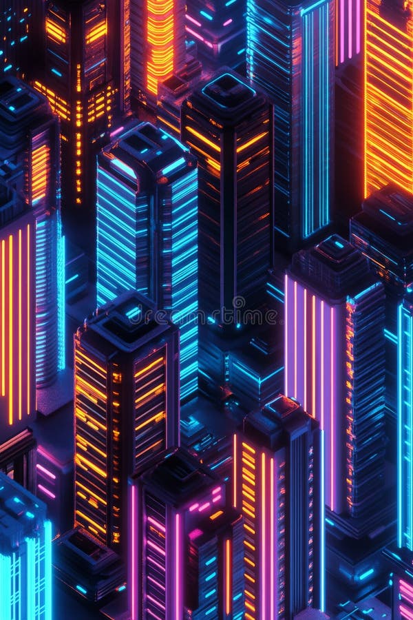 Layout Pattern Featuring Repetitive Futuristic Skyscrapers with Neon ...