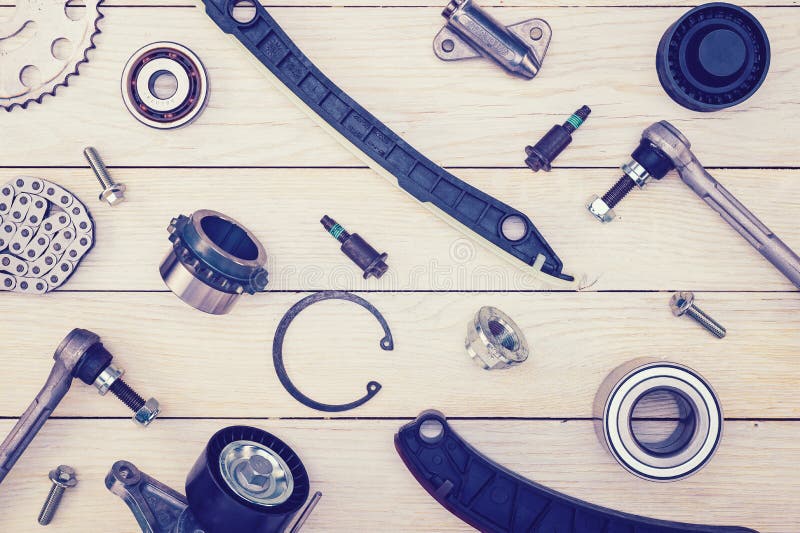 Layout of a Set of Car Parts on a Wooden White Background Stock Image ...