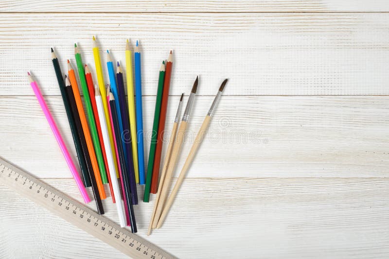Layout of Set Colorful Sharp Pencils, Centimeter Rule and Paint Brushes ...