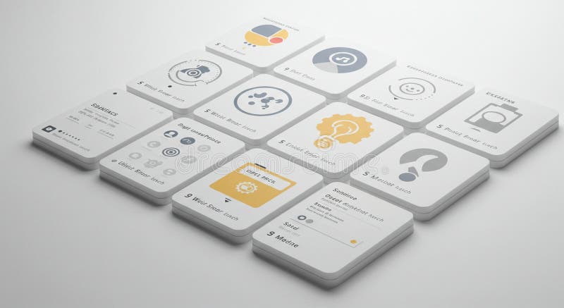 A Layout of White, Square Cards Features Various Icons and Text ...