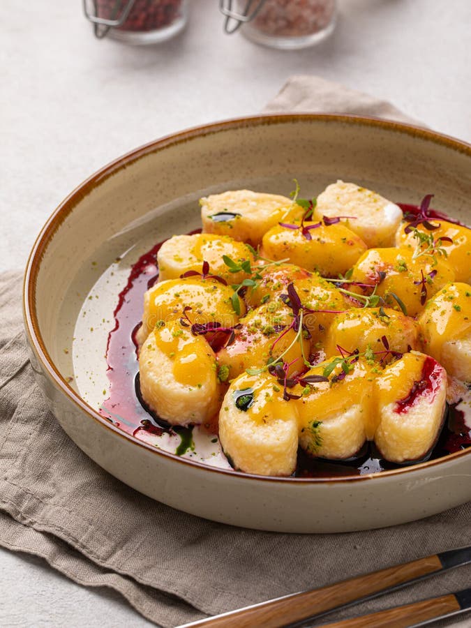 Lazy Dumplings with Vanilla and Cherry Sauce Stock Image - Image of ...