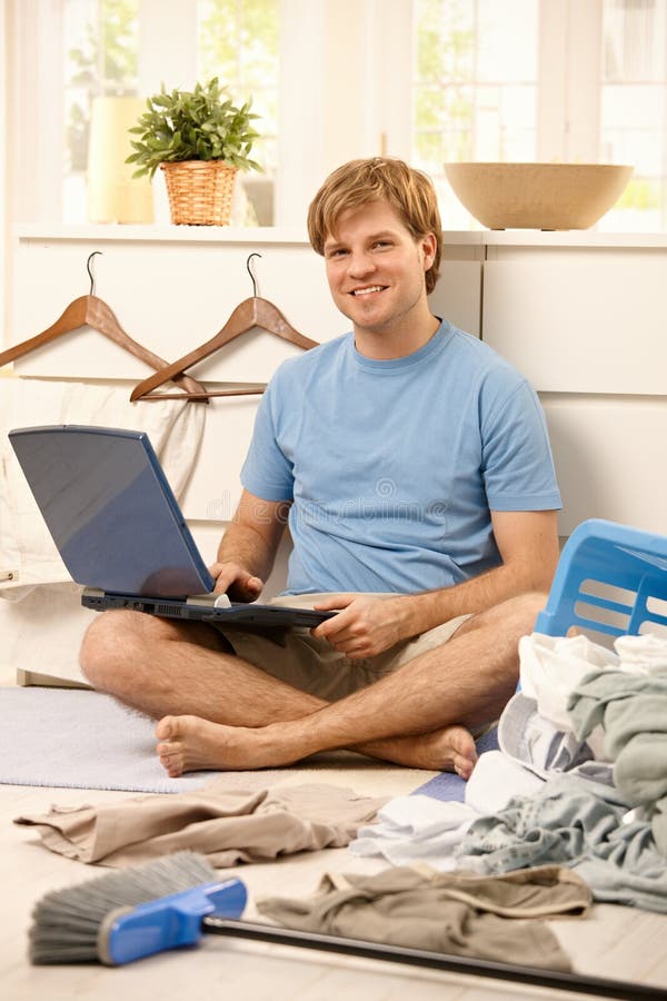 Lazy guy with computer stock image. Image of color, home - 16418753