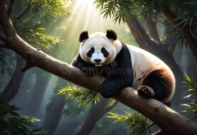 Lazy Panda Bear Sleeping on Tree Branch. Generative AI Stock ...