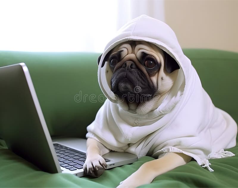 Lazy Pet Pug Dog Doing Work from Home Stock Illustration - Illustration ...