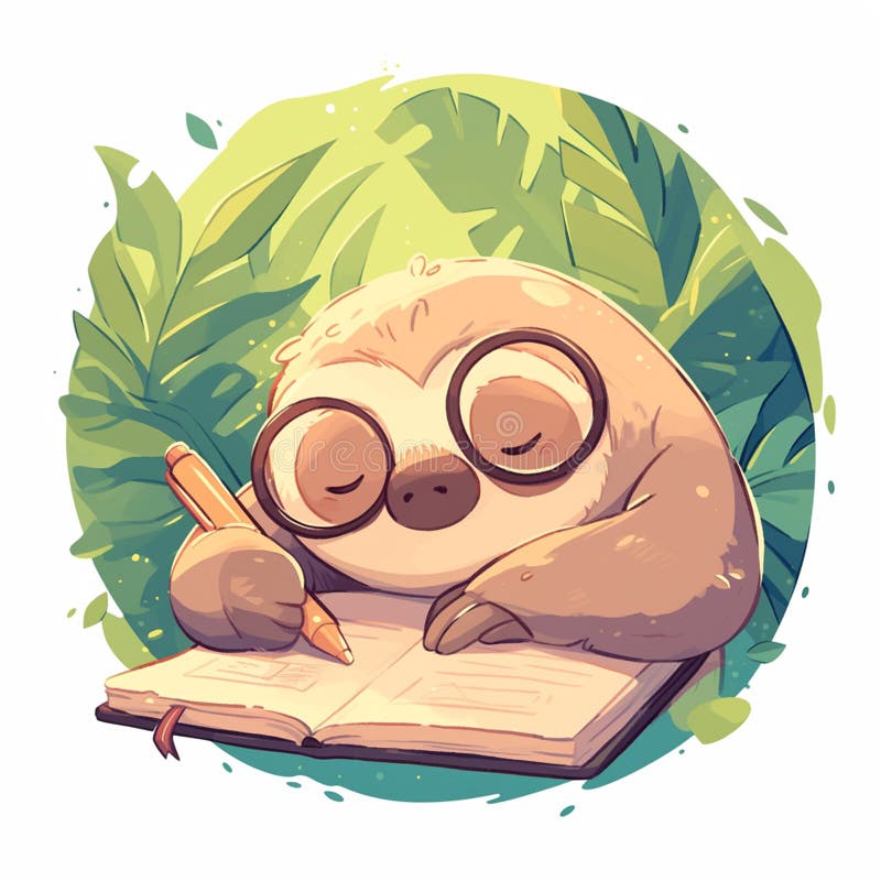 A Lazy Sloth Writer Cartoon Style Stock Vector - Illustration of ...