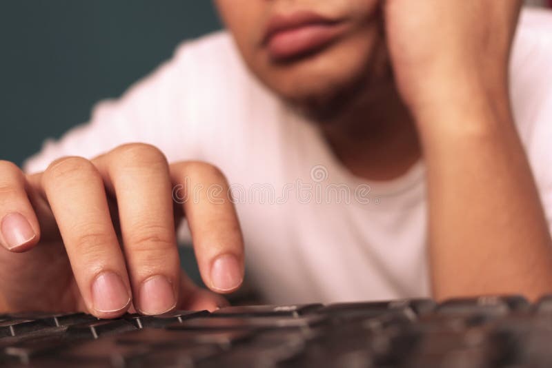 Lazy Tired Man Hands Typing on Keyboard, Browsing Internet on Pc ...