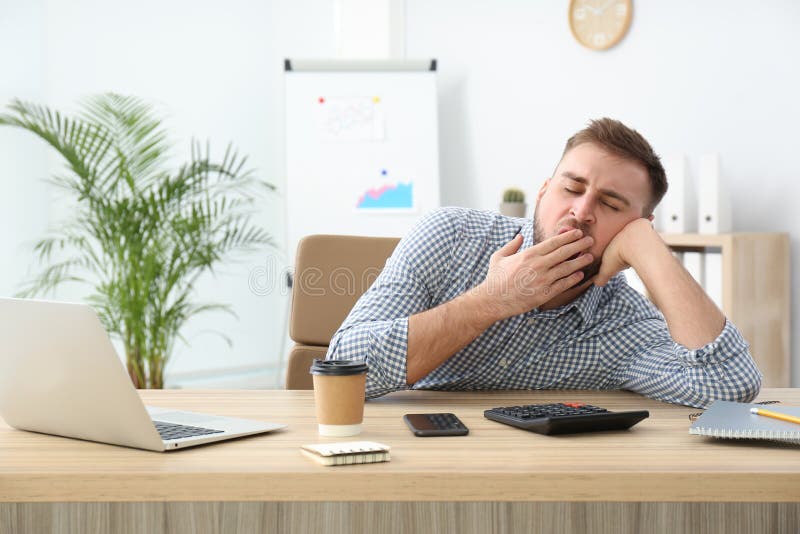 Lazy Office Employee Yawning at Workplace Stock Image - Image of drink ...