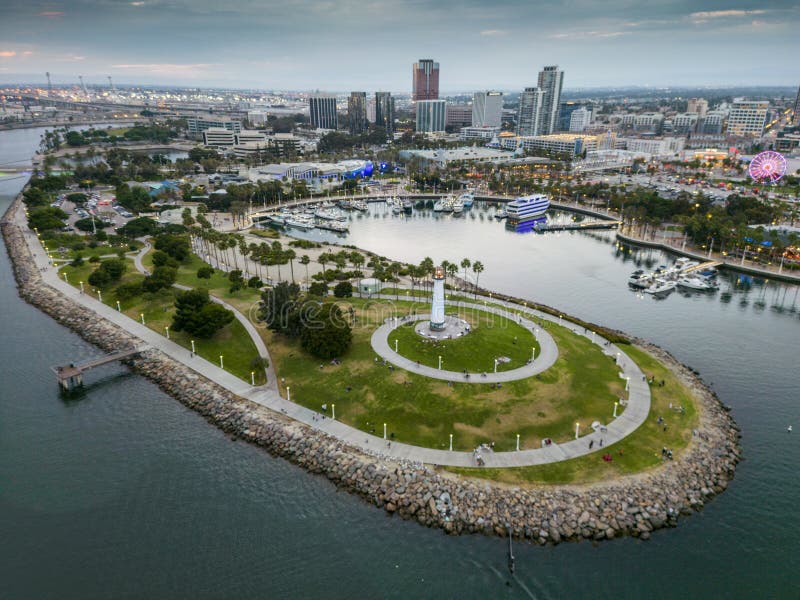 LB Rainbow Harbor at dusk stock photo. Image of boat - 252932374