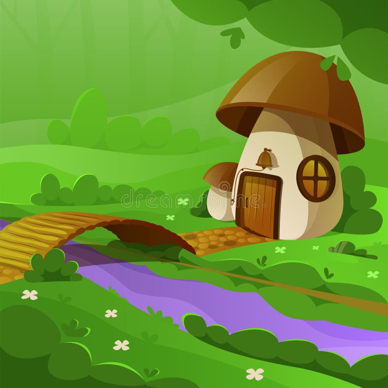 Mushroom House in Enchanted Garden. Vector Landscape Stock Illustration ...