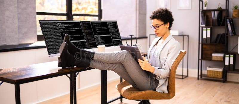 Lead Programmer Woman Coding Software Stock Image - Image of computer ...