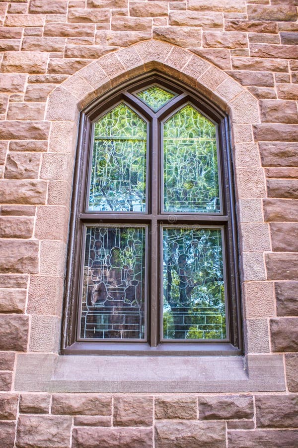 Leaded Gothic Window in Rock Building on University Campus Reflecting ...