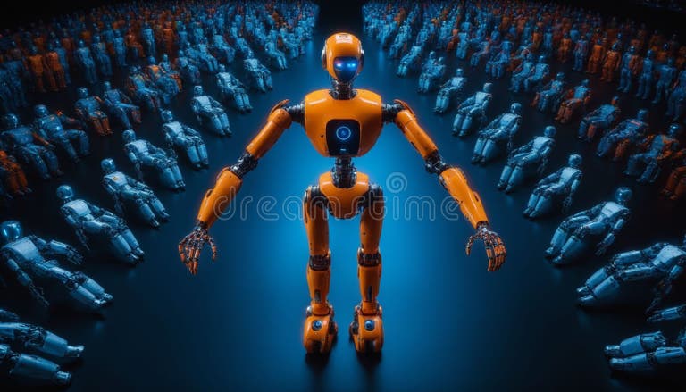Single Robot Commanding Robot Army in Hangar Stock Photo - Image of ...