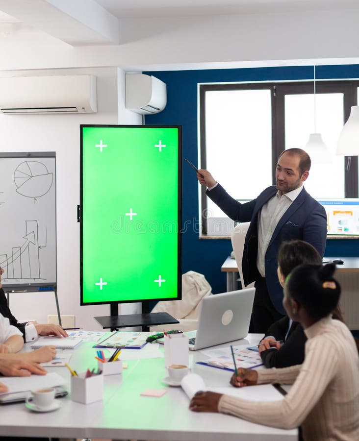 Leader of Company Presenting Financial Plan Using Mockup Display Stock ...