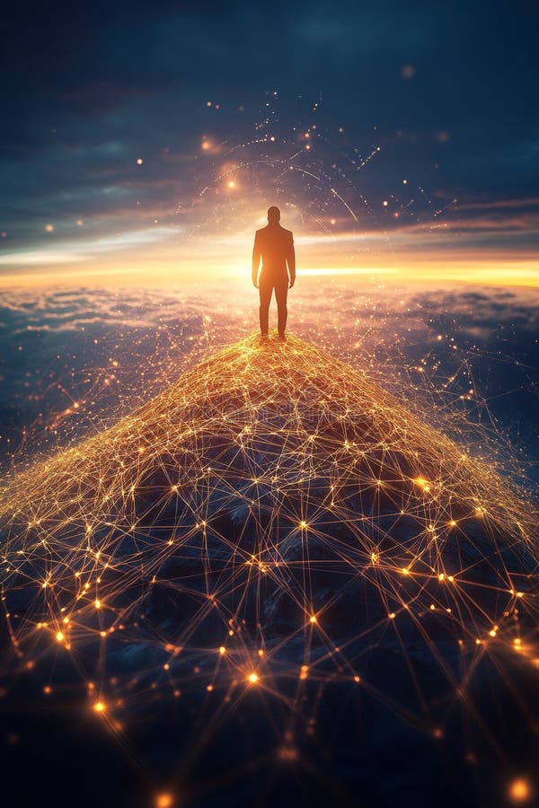 Leader on Digital Mountain Top, Representing Technological Success in ...