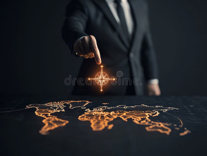 A Leader Directs Focus with a Glowing Compass Above a Digital World Map ...
