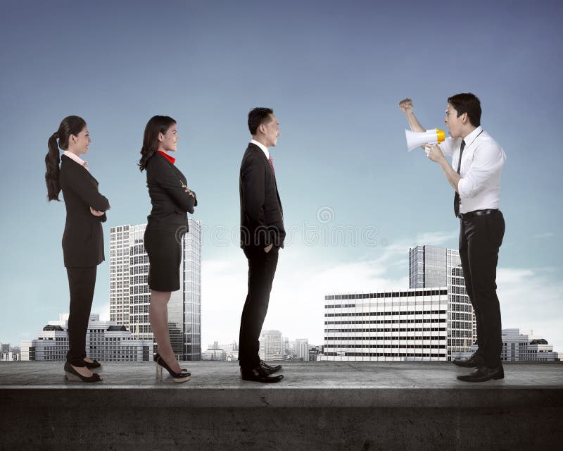Leader Give Order Via Megaphone To His Subordinate Stock Photo - Image ... Leader Give Order Via Megaphone To His Subordinate Stock Photo - Image ...