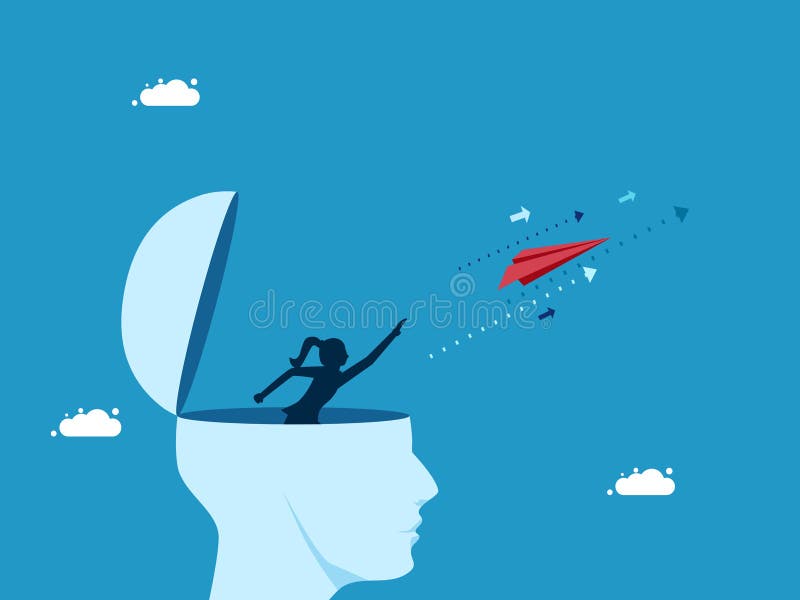 Leader of New Ideas. Woman with Paper Plane Flying Forward Stock Vector ...