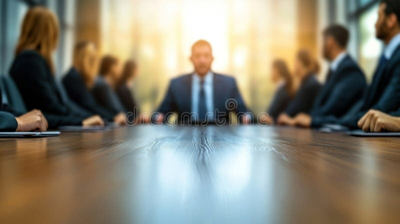 Leader Sitting at Head of Long Table in Conference Room, Surrounded by ...