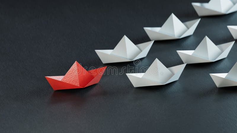 Leadership Concept. Red Leader Paper Ship Leading among White on Black ...