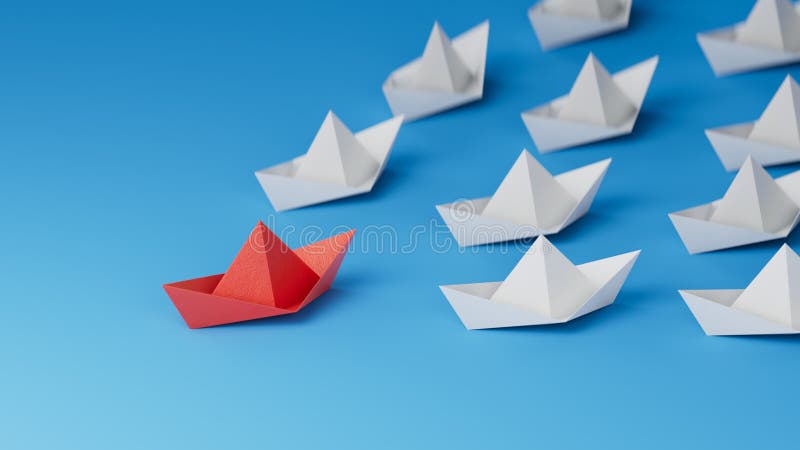 Leadership Concept. Red Leader Paper Ship Leading among White on Blue ...