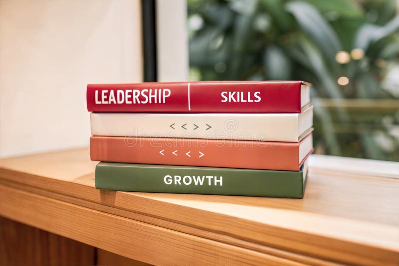 Leadership Skills Growth Books on Wooden Shelf Stock Illustration ...