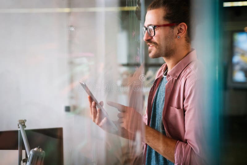 Leadership, Tablet and Hipster Startup Programmer CEO or Manager in the ...